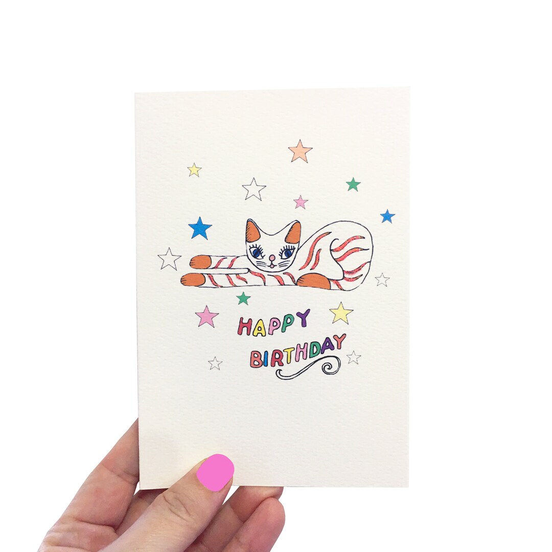 Stretching Cat Birthday Card, Handmade Cat Card, Cat Greeting Card ...