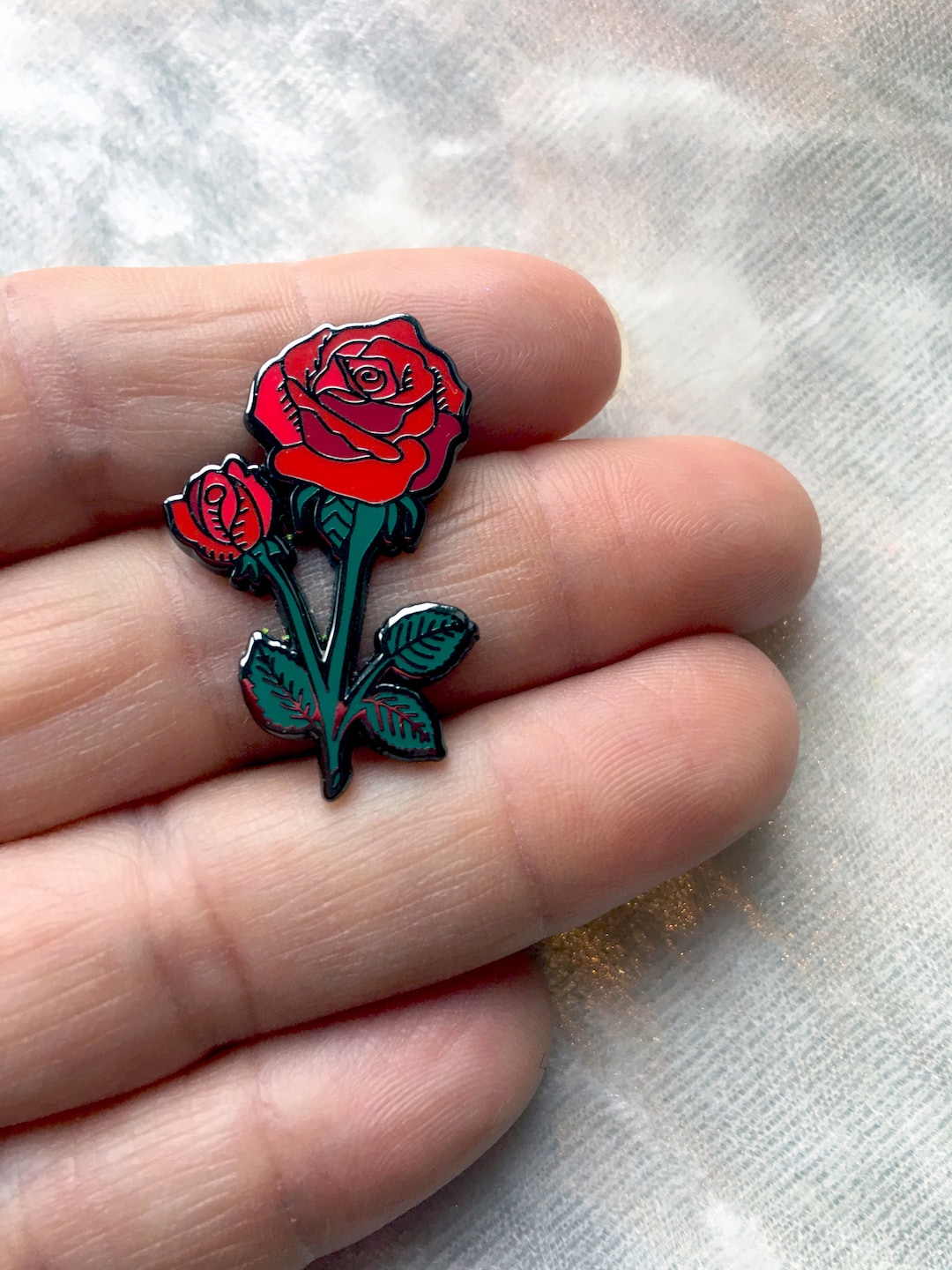 Red Rose Lapel Pin With Green Stem, Hard Enamel Pin, Valentines Gift ...