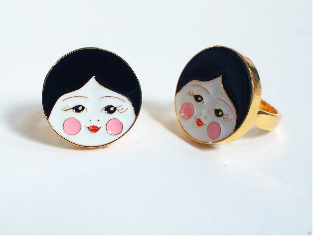 Cute Enamel Doll Face Gold Plated Ring, Kitsch Nesting Doll Ring, Gift ...