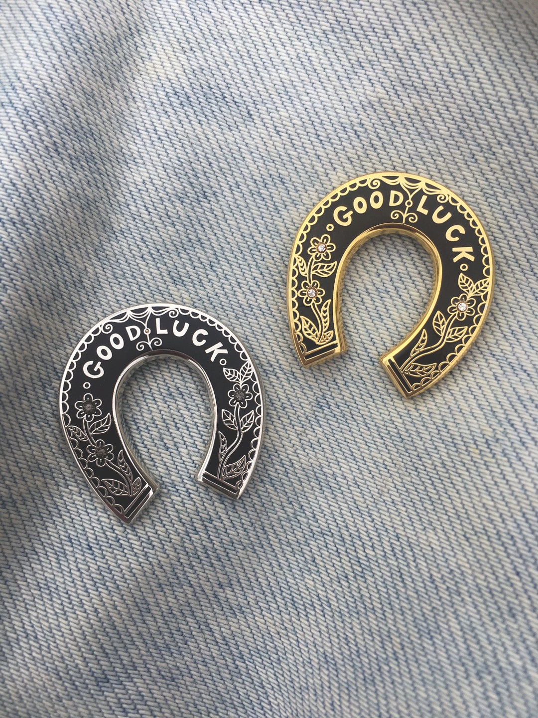 Good Luck Horseshoe Enamel Pin, Silver and Black or Black and Gold ...
