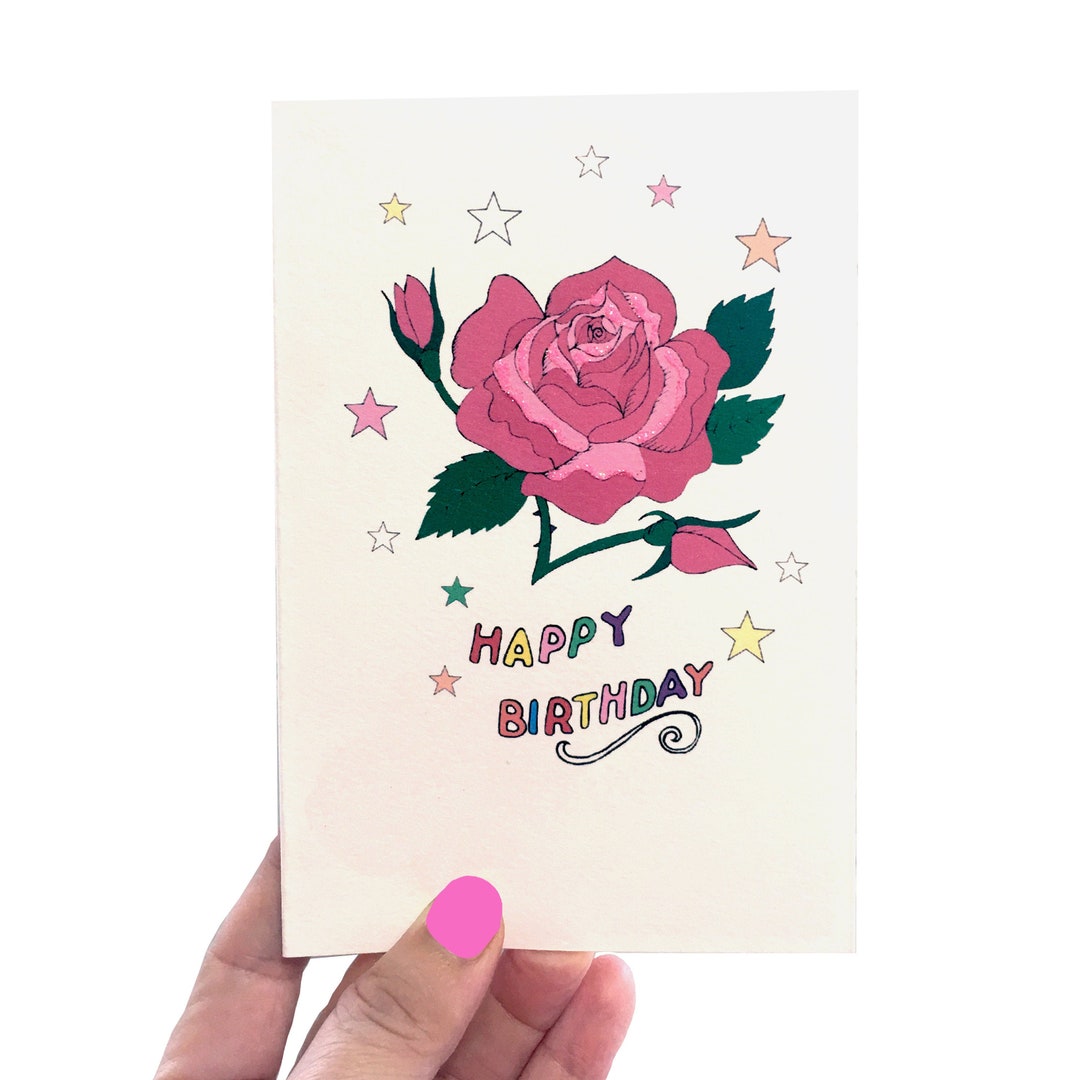 Rose Birthday Card, Pink Rose Handmade Glitter Card, Rose Greeting Card ...