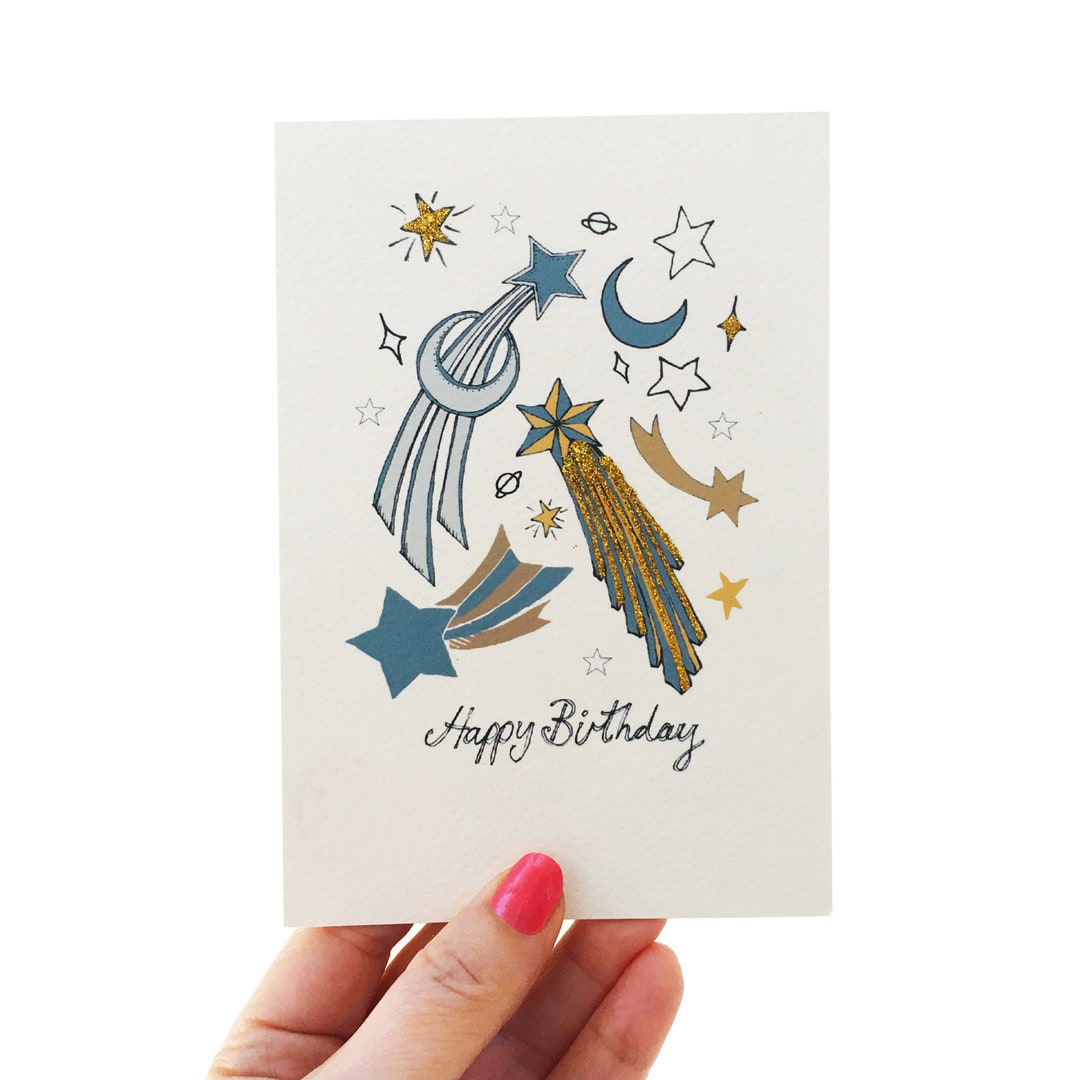Shooting Stars Birthday Card, Handmade Celestial Greeting Card, Moon and Stars Glitter Card - Etsy