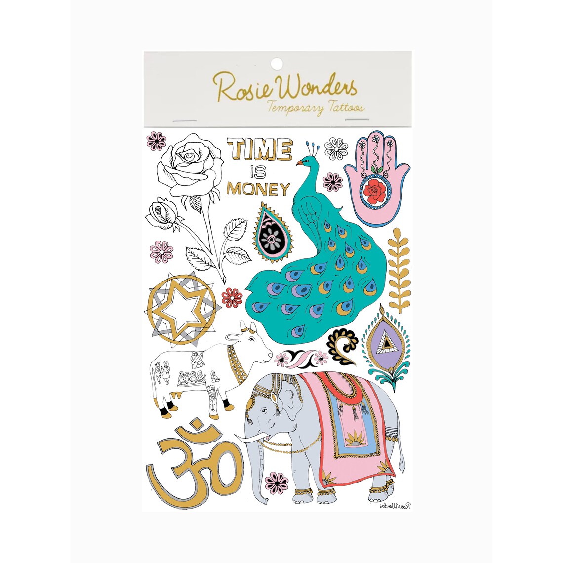 Indian Elephant A5 Temporary Tattoo Pack With Gold Ohm Sign, Yoga ...