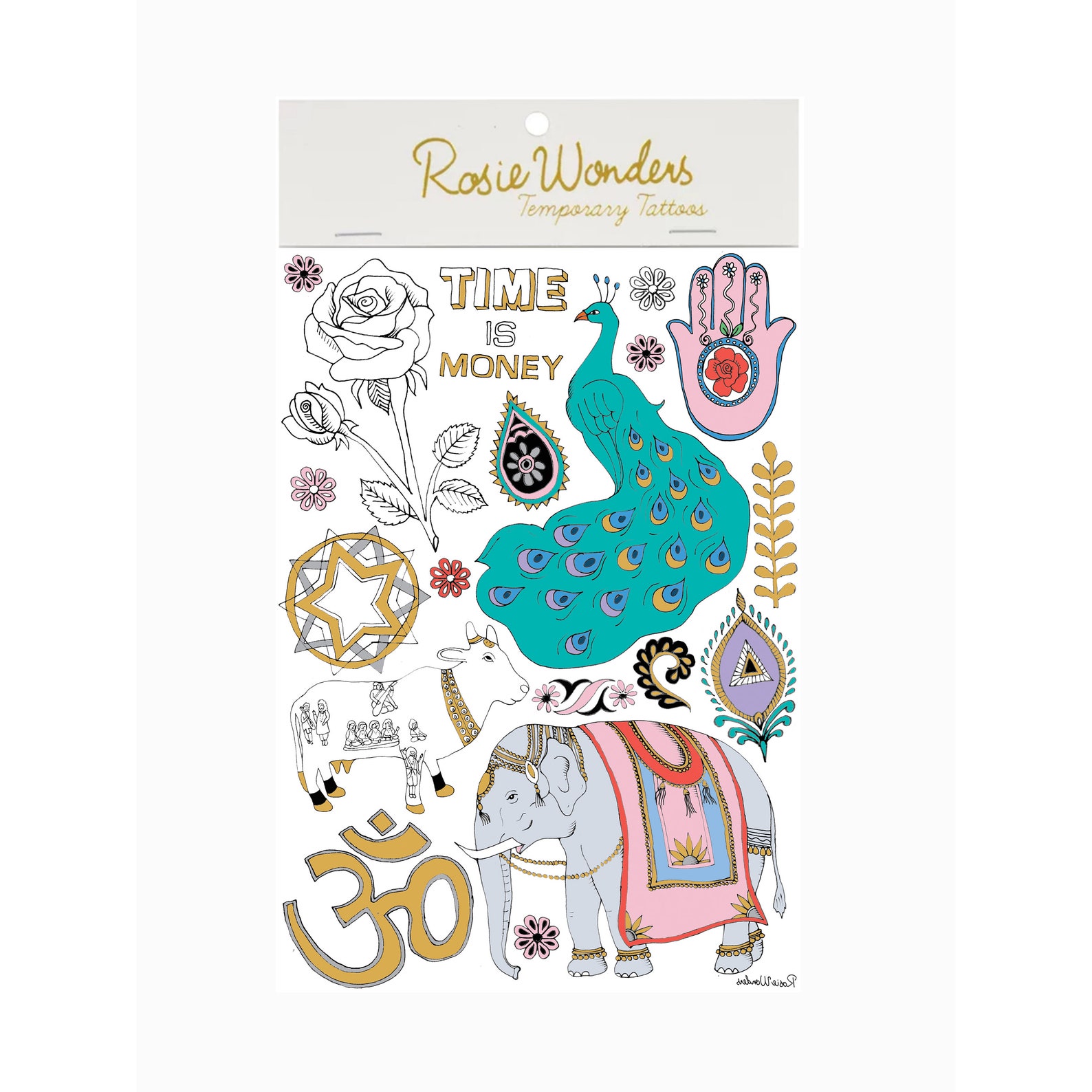 Indian Elephant A5 Temporary Tattoo Pack With Gold Ohm Sign, Yoga ...