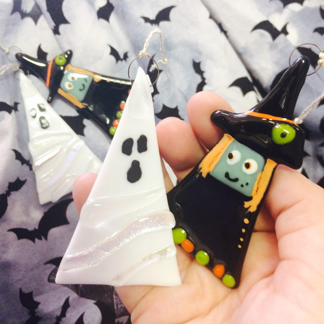 2 Cute Halloween Witch and Ghost Handmade Fused Glass Decoration - Etsy