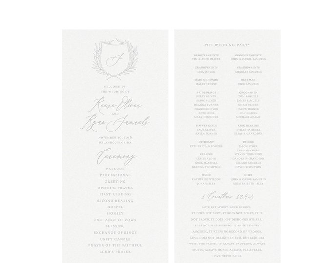 Adler: Wedding Program Template in Gray Printable 4x9 Calligraphy ...