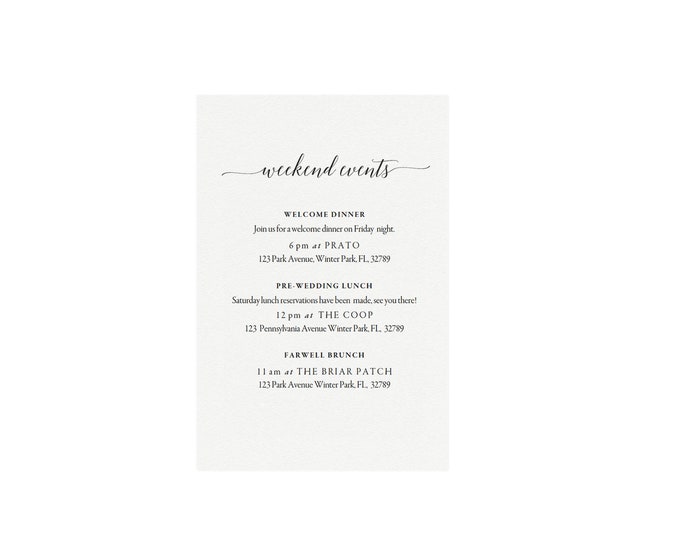 Adel: Wedding Weekend Card Template, 4x6, Printable Weekend Itinerary ...