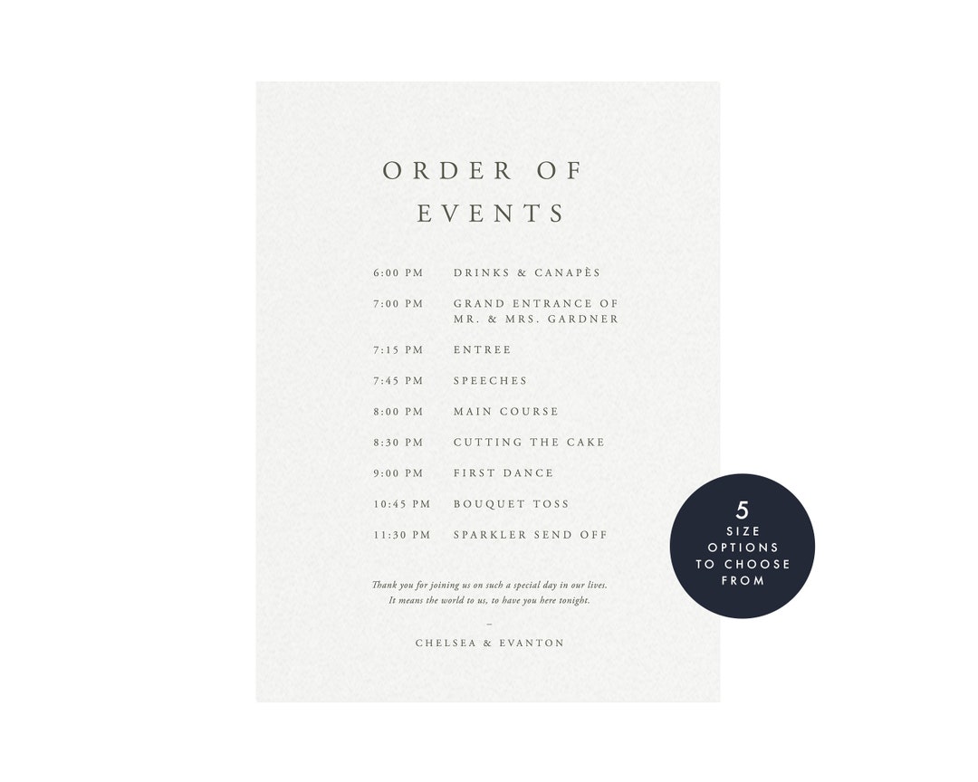 Classic Wedding Order of Events Sign: Printable Reception Template - Etsy