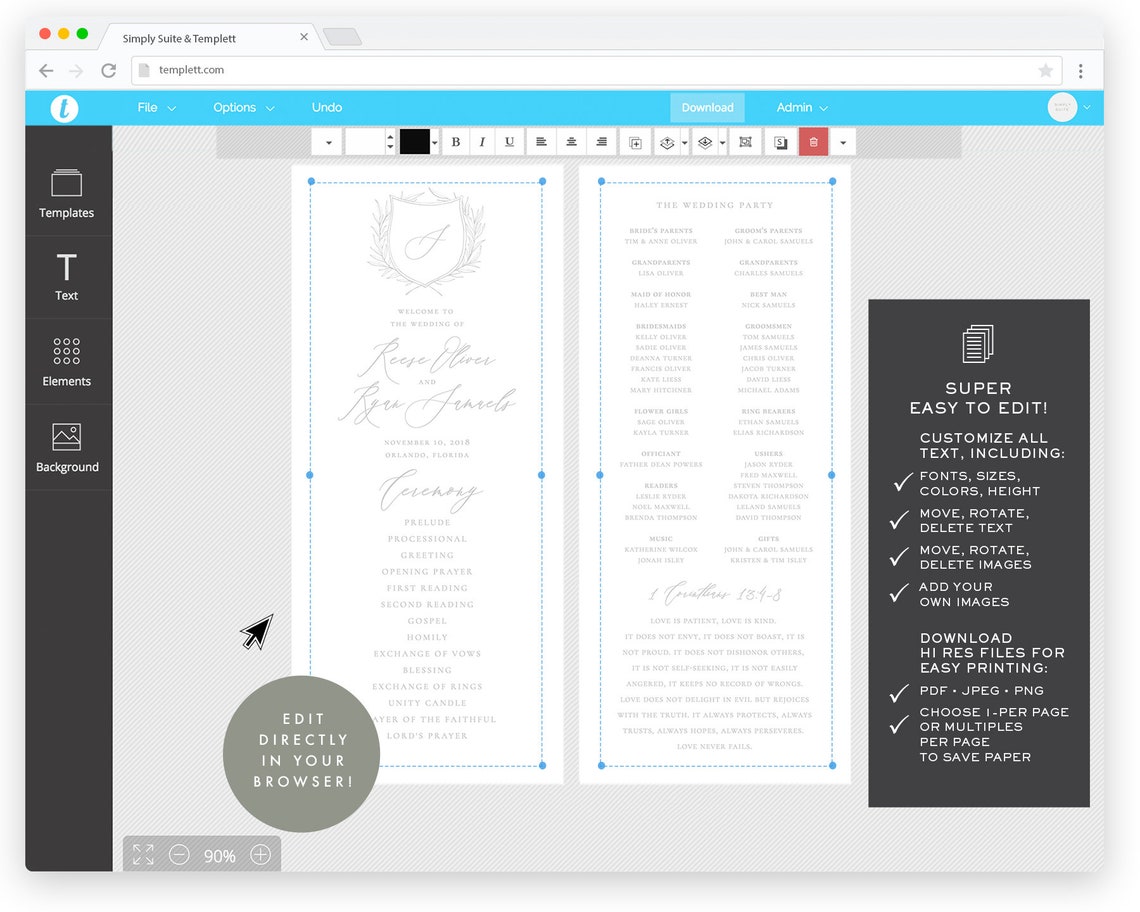 Calligraphy Monogram Wedding Program Template: Gray Fine Art (digital ...