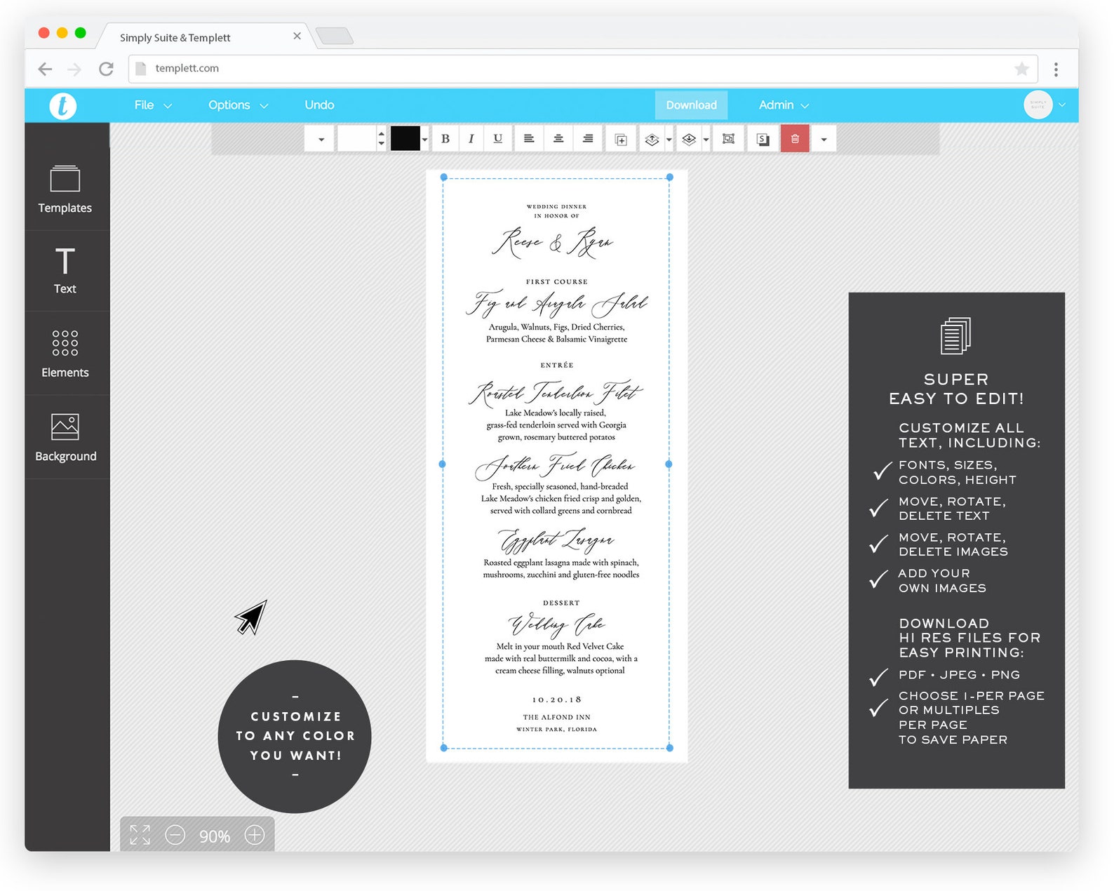 Adler: Wedding Menu Template Printable 4x9 Calligraphy Dinner Menu ...