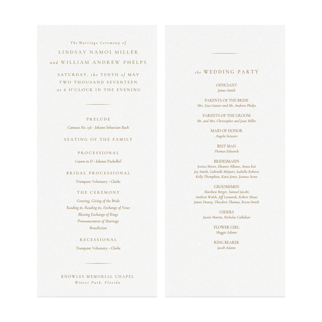 Coronetta: 4x9 Gold Printable Wedding Program Template, Classic Elegant ...
