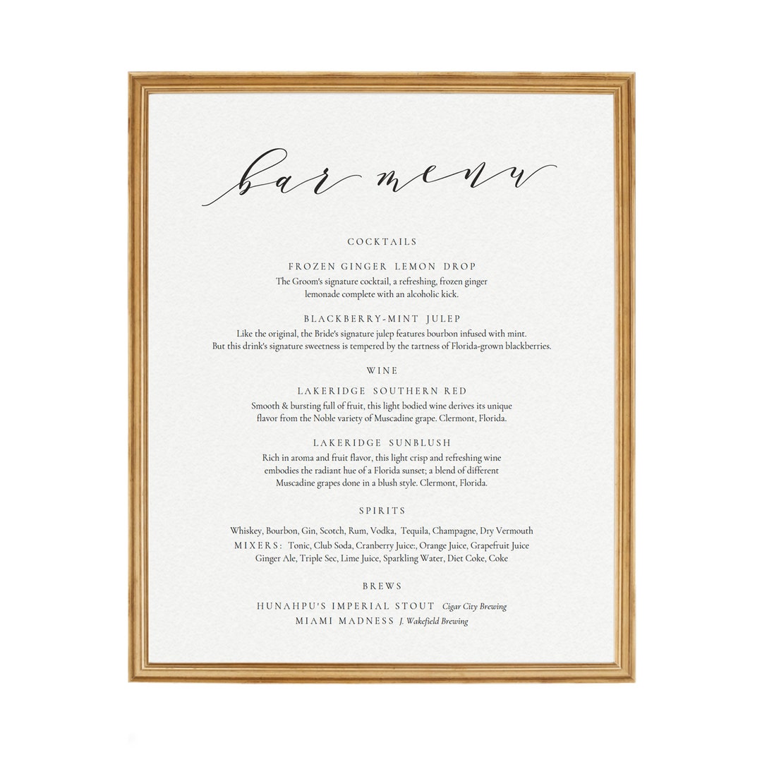 Melia: 8x10 AND 5x7 Bar Menu Sign Template Drink Menu - Etsy