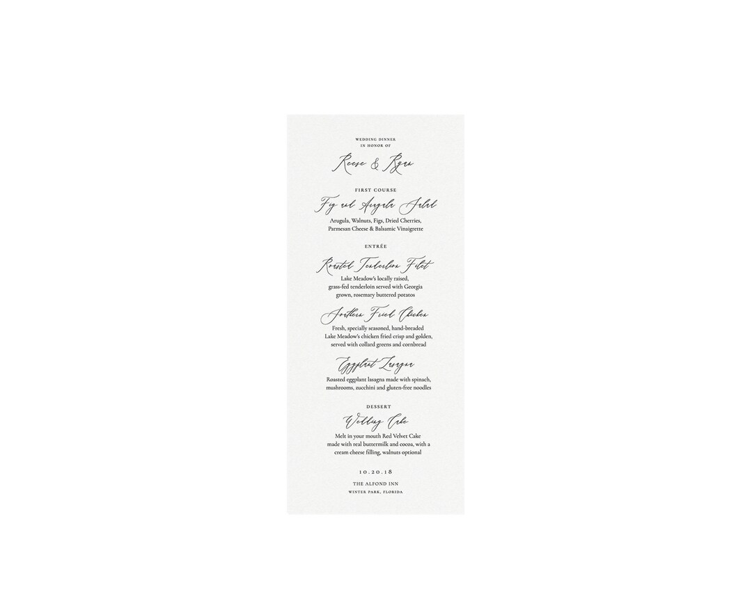 Adler: Wedding Menu Template Printable 4x9 Calligraphy Dinner Menu ...
