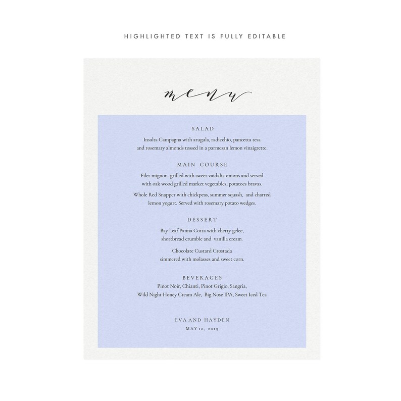 Melia: Printable 11x14 Wedding Menu Sign Template Calligraphy - Etsy