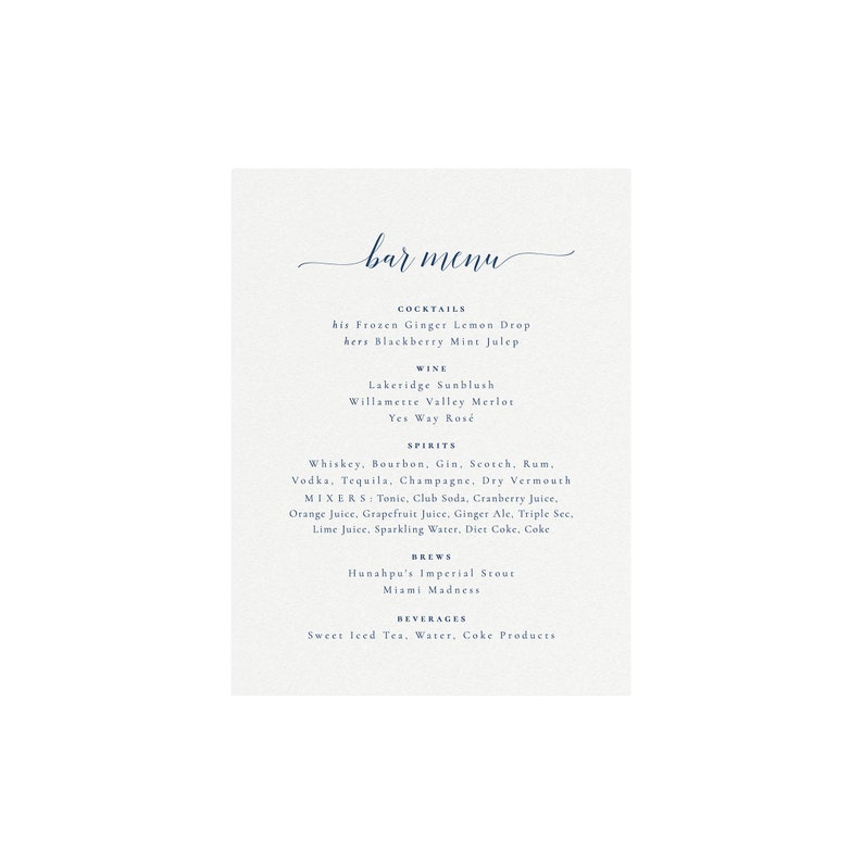 Adel: Navy Blue Bar Menu Template 8x10 11x14 Printable - Etsy