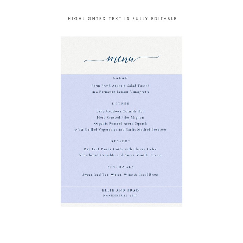 Adel: 5x7 4x9 Printable Menu Template in Navy Blue - Etsy
