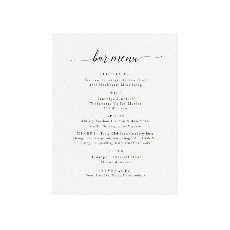 Adel: Bar Menu Template 5x7 8x10 11x14 Printable - Etsy
