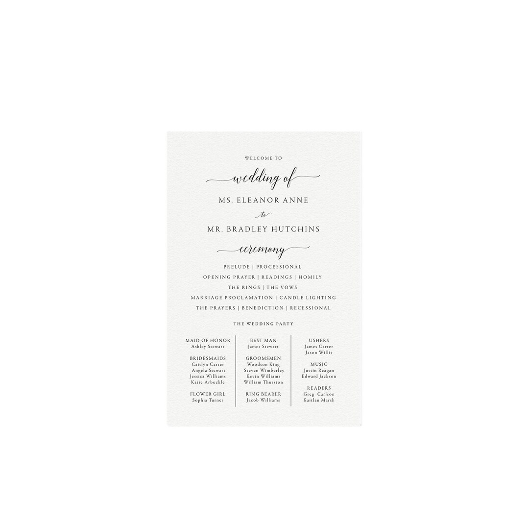 Adel: Simple 1-page Wedding Program Template in Black, Printable ...