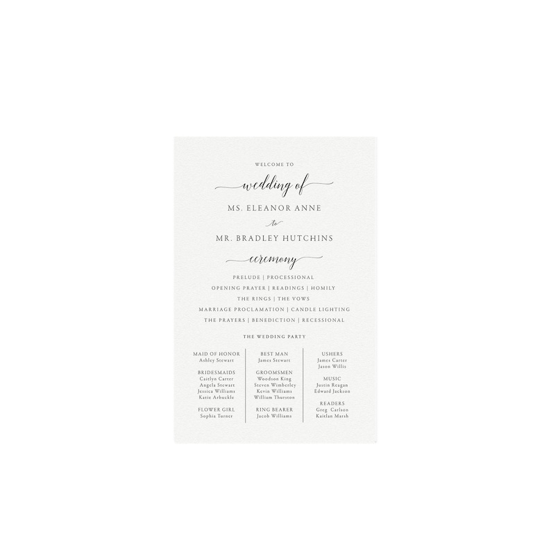 Adel: Simple 1-page Wedding Program Template in Black - Etsy