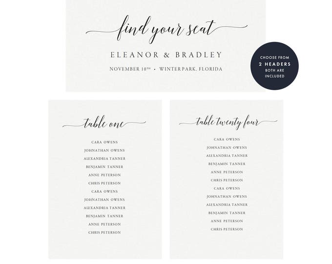 Adel: 5x7 Seating Chart Template, Tables 1-30 Black, Printable Hanging ...