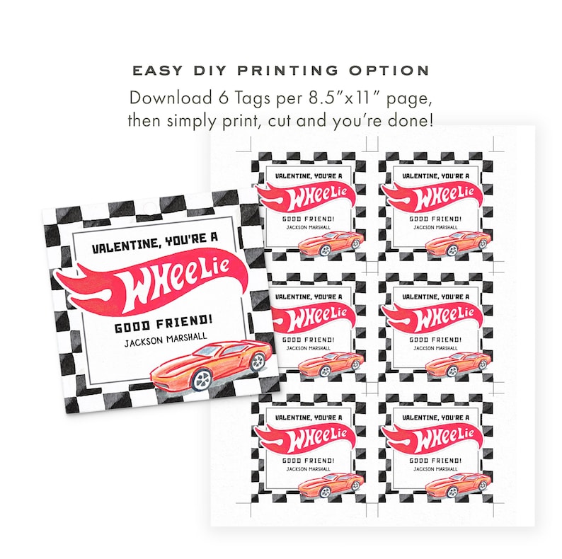 Race Car Valentine Card, Wheelie Good Friend, Editable Corjl Tag ...
