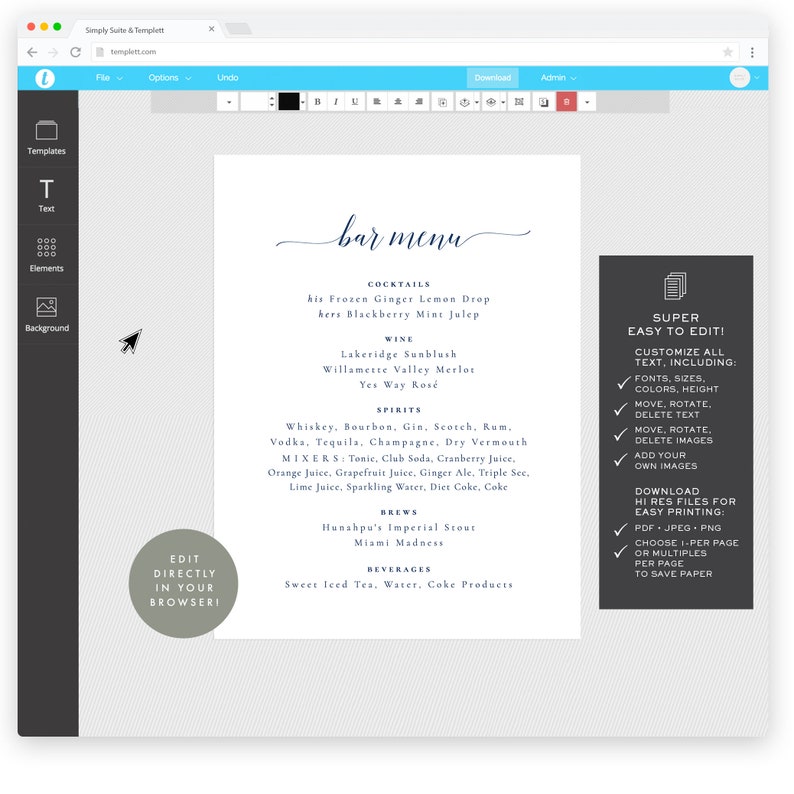 Adel: Navy Blue Bar Menu Template 8x10 11x14 Printable - Etsy
