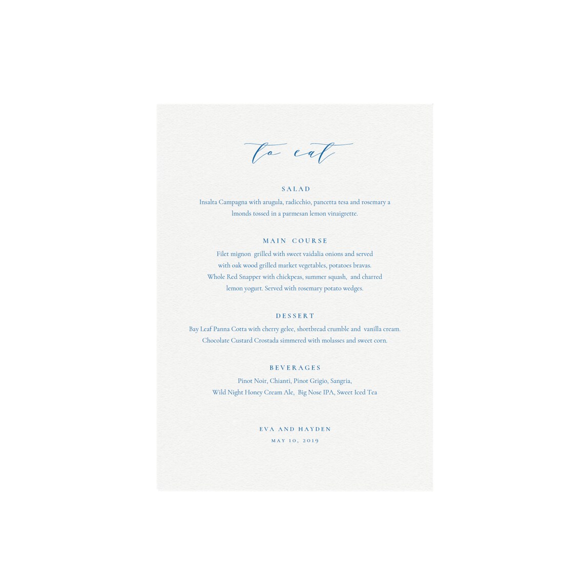 Melia: Printable 5x7 Dinner Menu Template in Cobalt Blue, Calligraphy ...