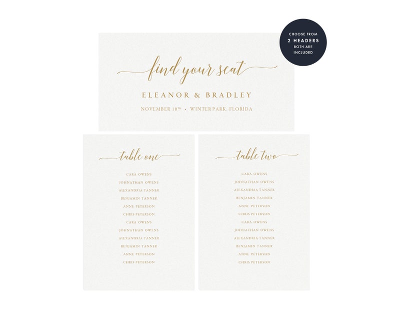 Gold Wedding Seating Chart Template: Tables 1-20 (PDF Download) - Etsy