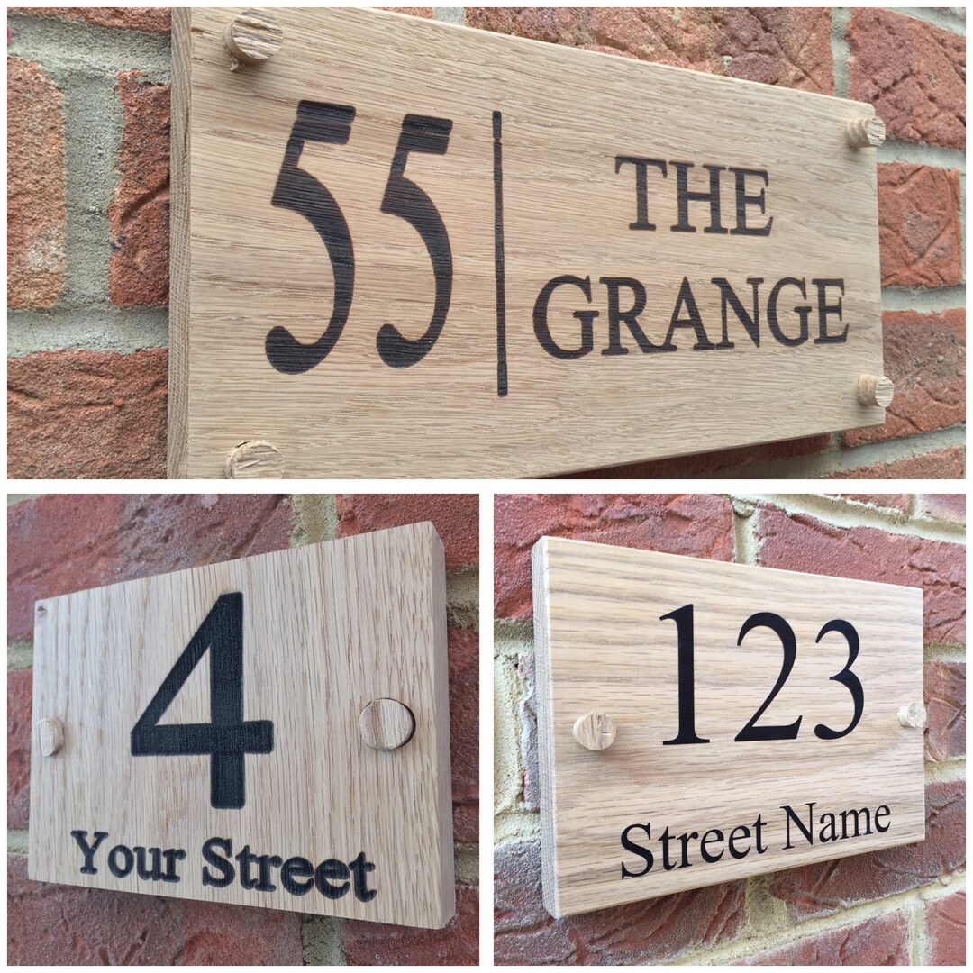 Personalised Oak House Number Name Sign Carved Engraved Outdoor Wooden ...