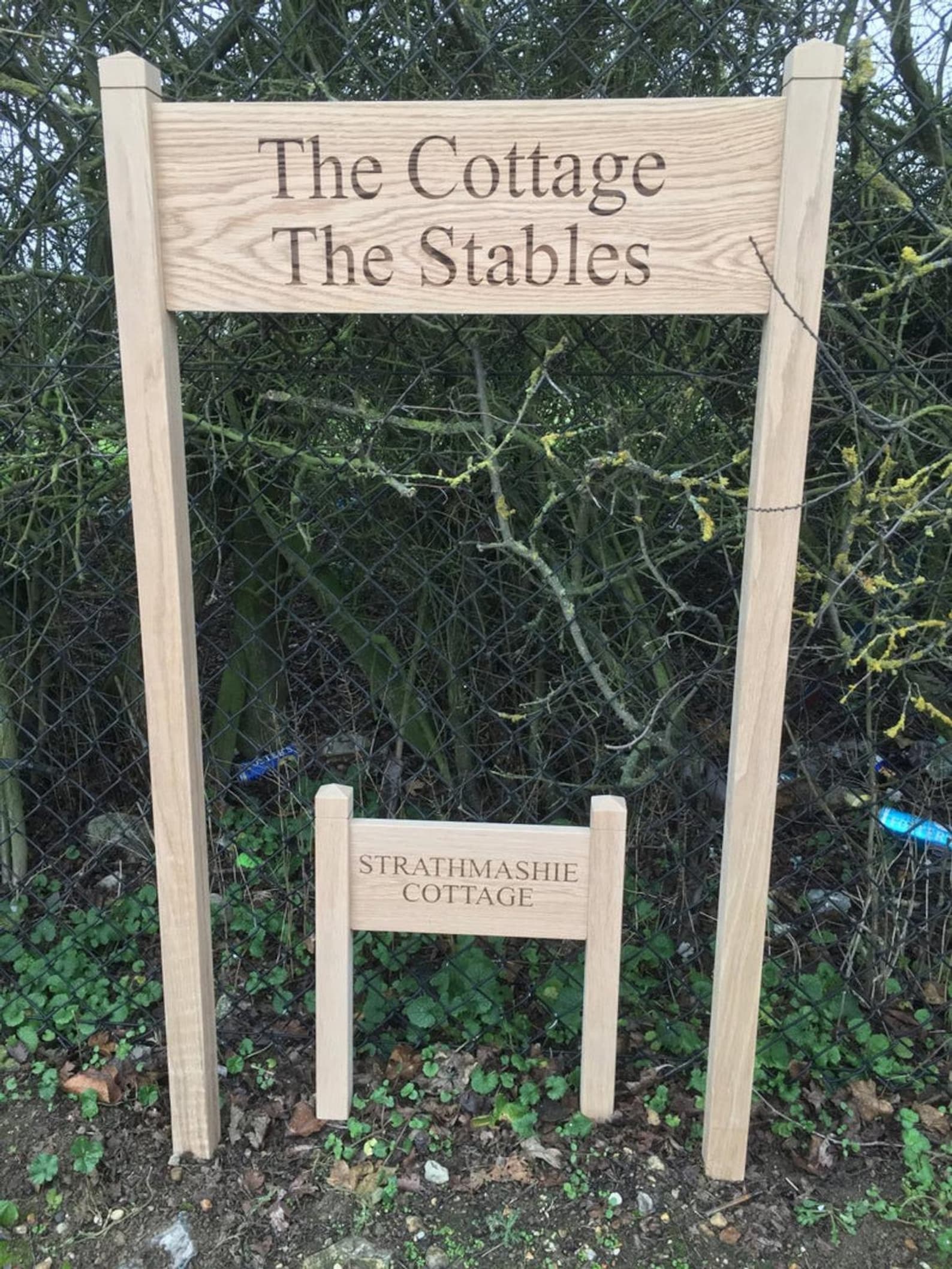 Oak House Sign With Posts, Carved, Personalised Custom Engraved Wooden ...