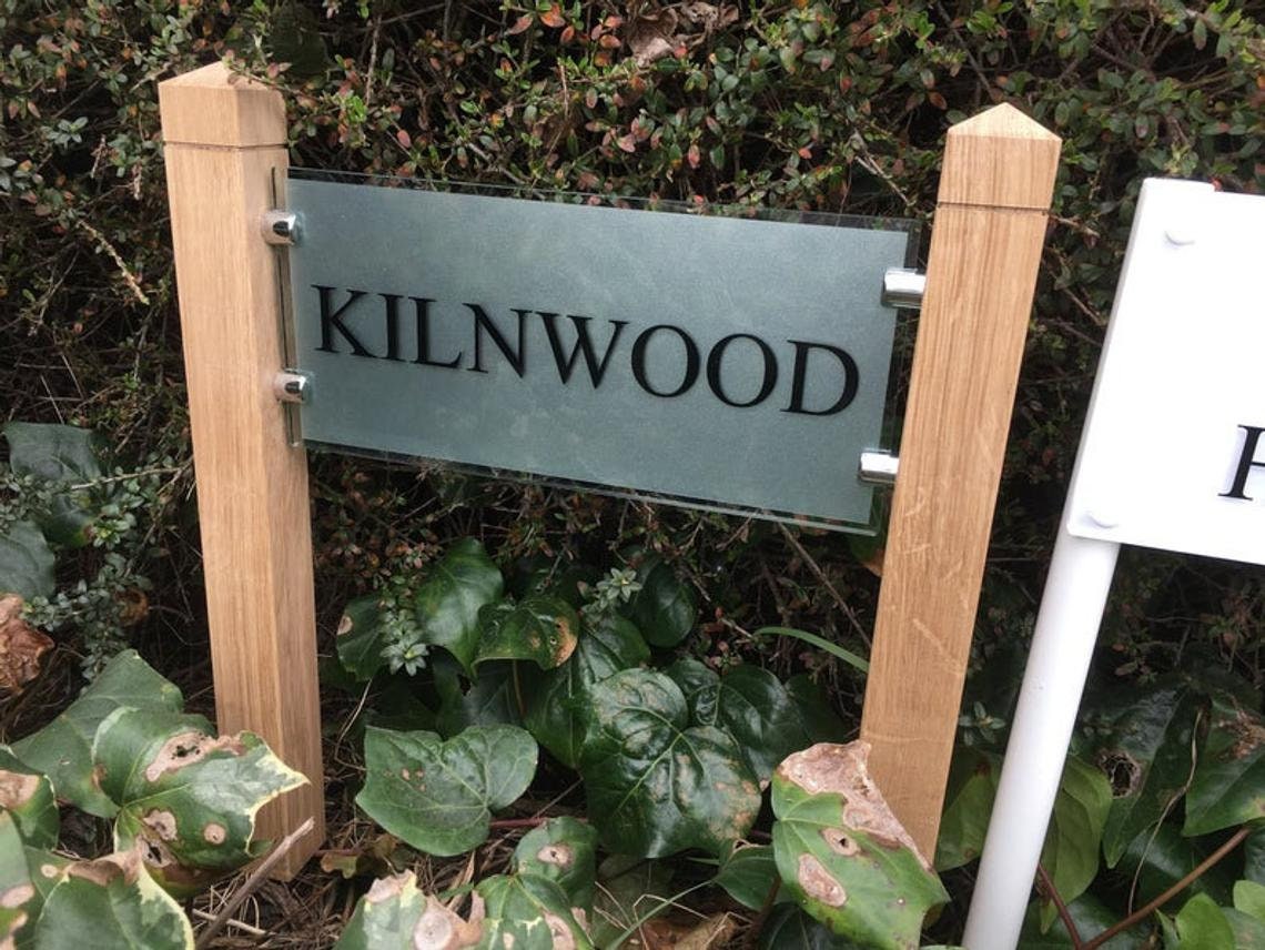 Modern Glass Acrylic Freestanding Sign With Solid Oak Posts, Glass ...