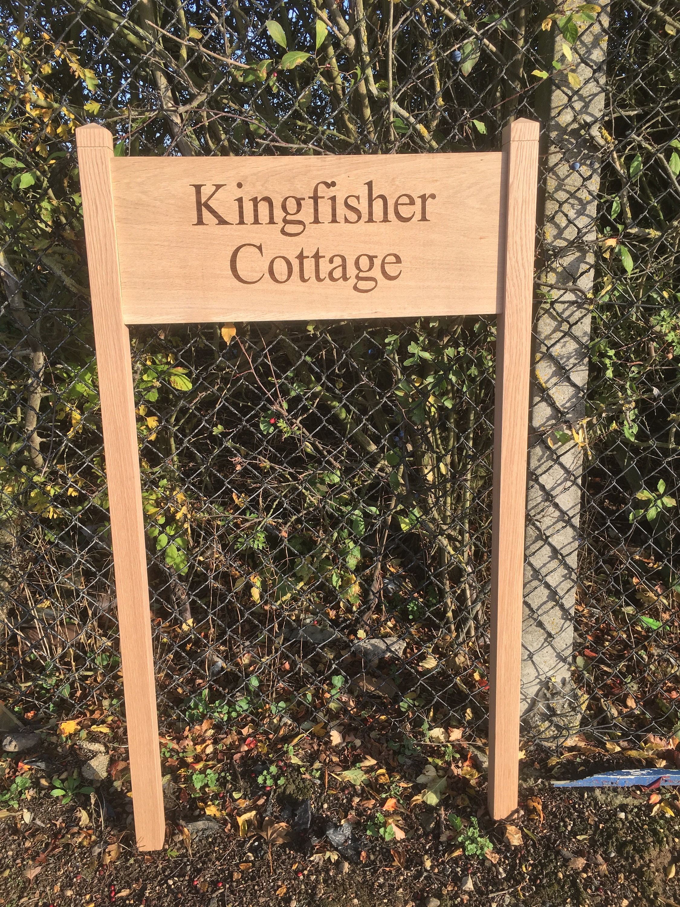 Oak House Sign With Posts, Carved, Personalised Custom Engraved Wooden ...