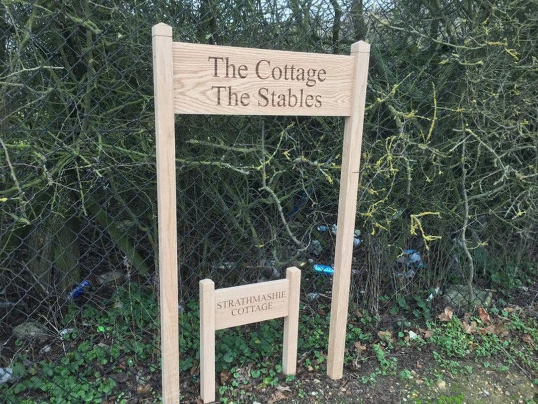 Oak House Sign With Posts, Carved, Personalised Custom Engraved Wooden ...