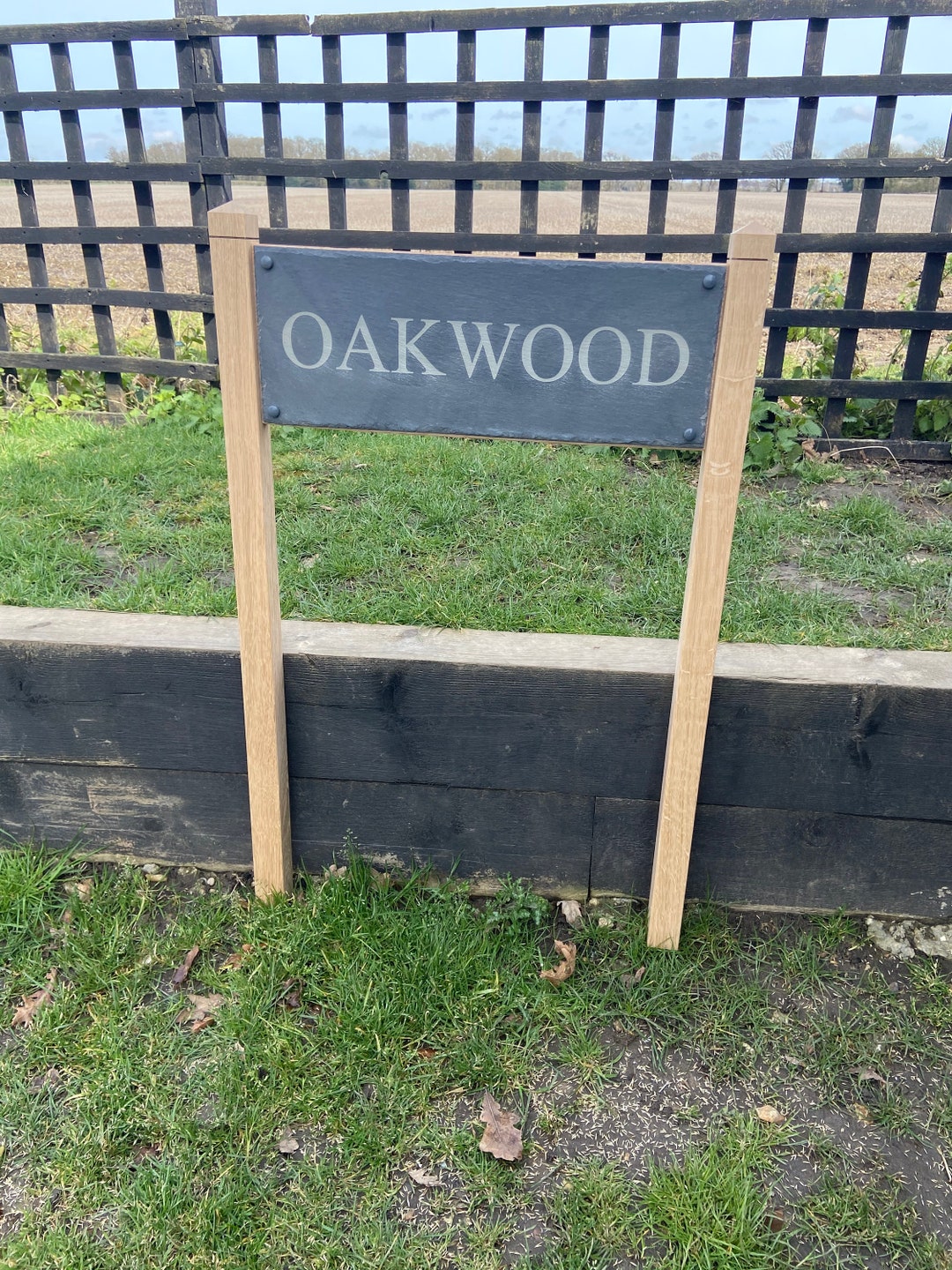 Solid Oak Post and Natural Stone Slate House Name Sign Plaque, Upright ...