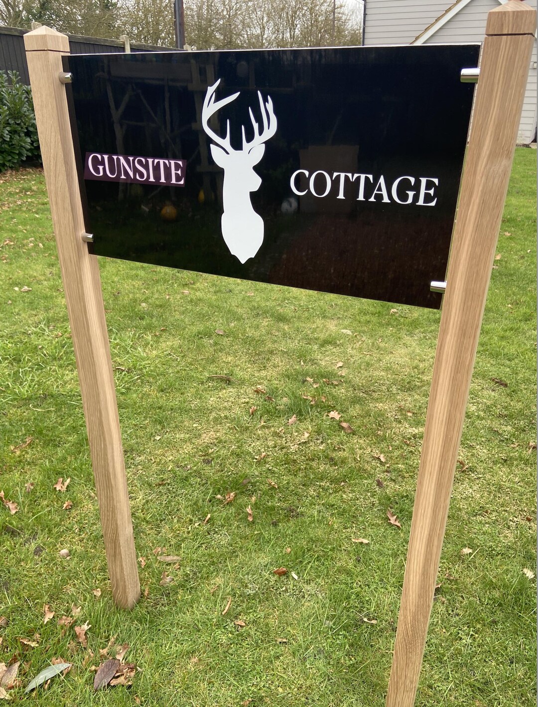 Modern BLACK Freestanding Sign With Solid Oak Posts, Gloss Black Oak ...
