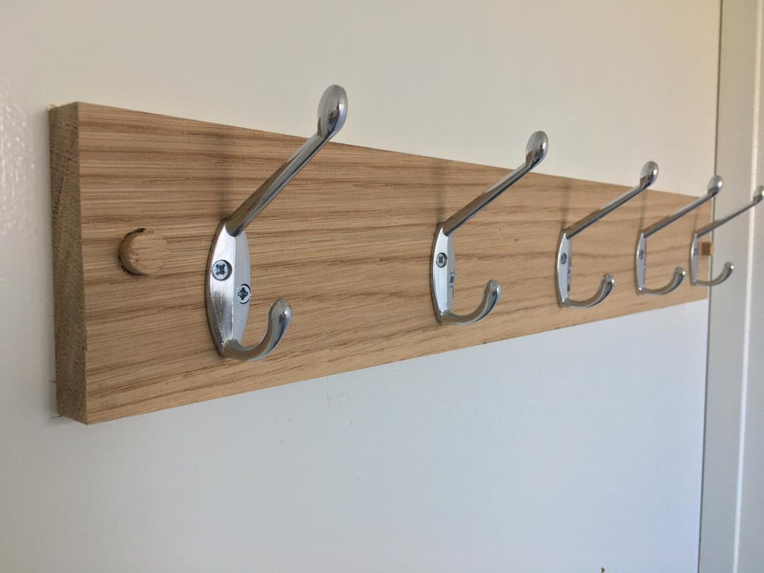 Modern Coat Rack Solid Oak and Chrome Hooks, Coat Hat Robe Wall Hanging ...