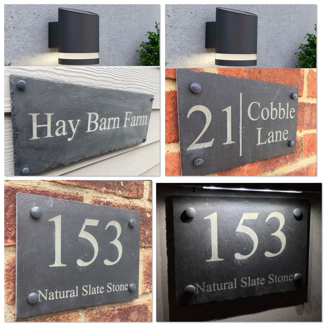 Light up Led Personalised Slate House Sign Plaque, Solar Powered Custom ...