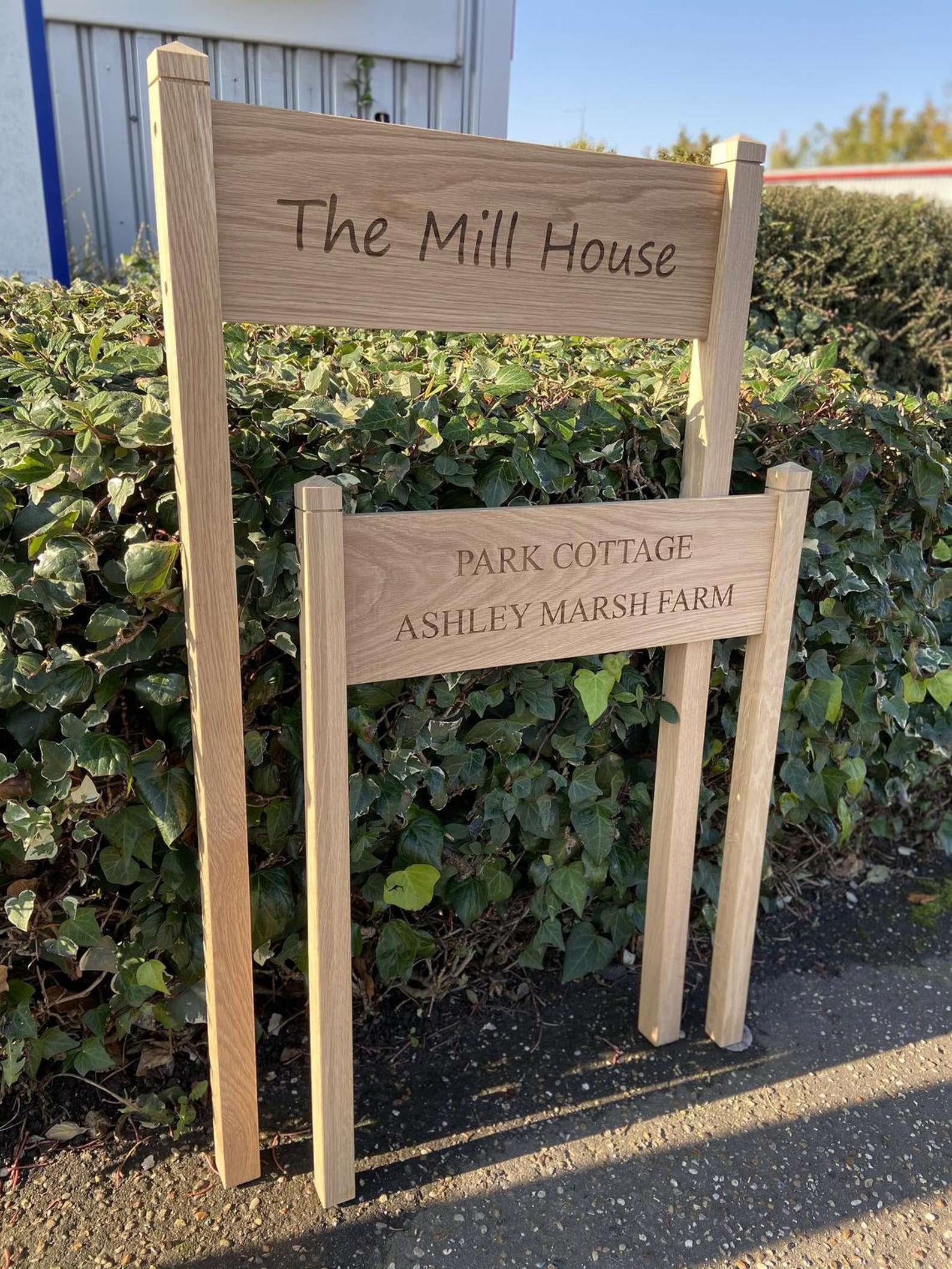 Oak House Sign With Posts, Carved, Personalised Custom Engraved Wooden ...