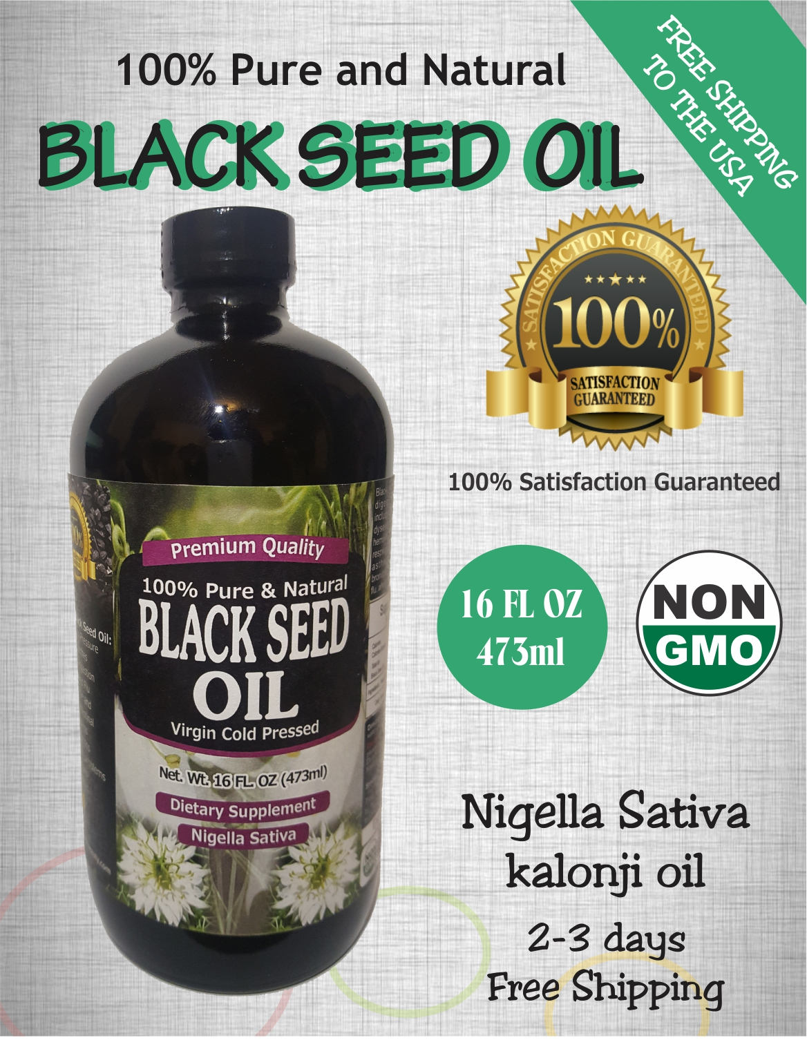 16 Fl.oz 100% Pure Black Seed Oil Non GMO Cold Pressed Cumin Nigella ...