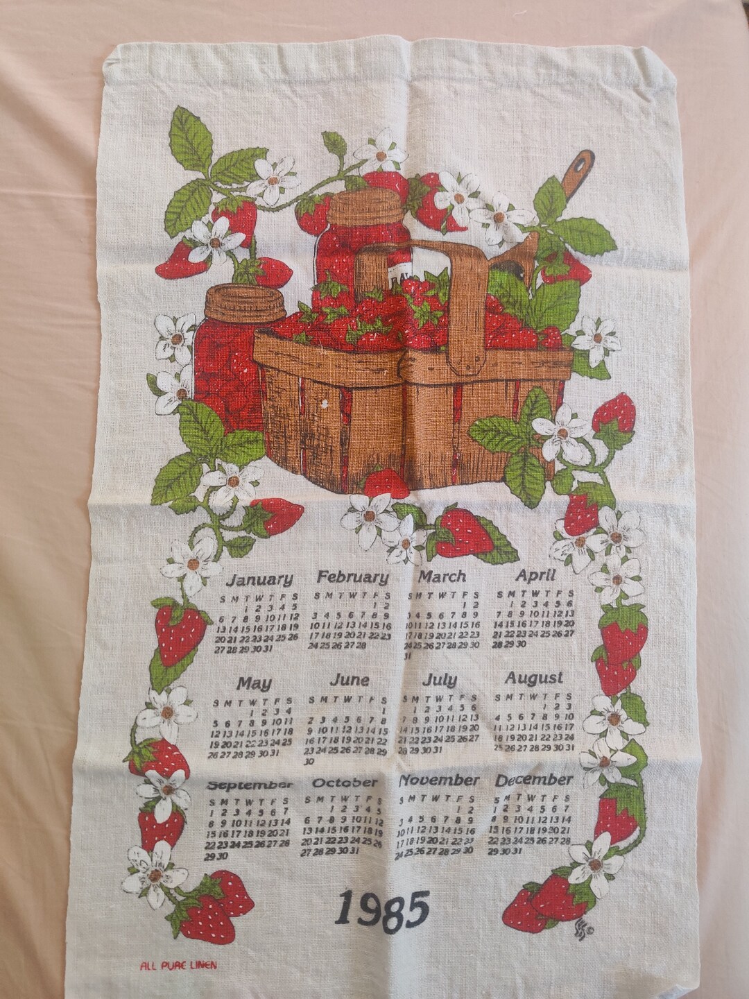 Vintage 1985 Linen Calendar Tea Towel Strawberry Themed - Etsy