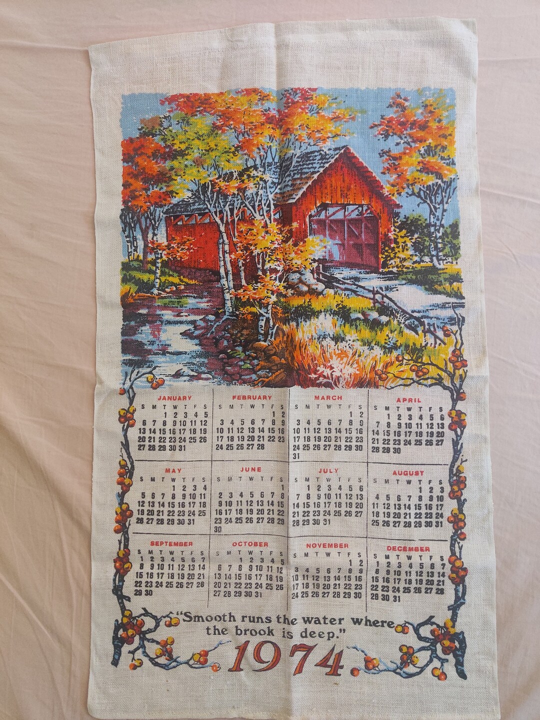 Vintage 1974 Calendar Tea Towel Covered Bridge Theme - Etsy