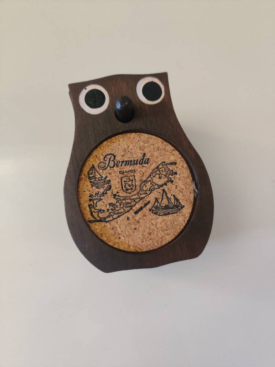 Vintage Wood and Cork Owl Shaped Drink Coasters Bermuda Souvenir Themed ...