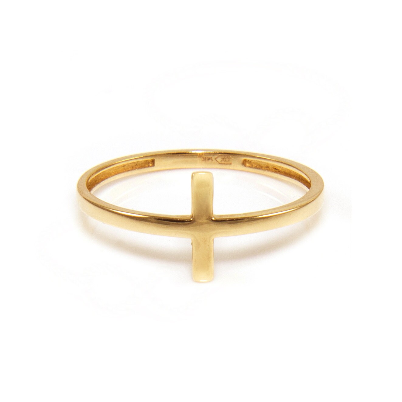 14K Solid Yellow Gold Sideways Cross Bar Ring Stackable - Etsy