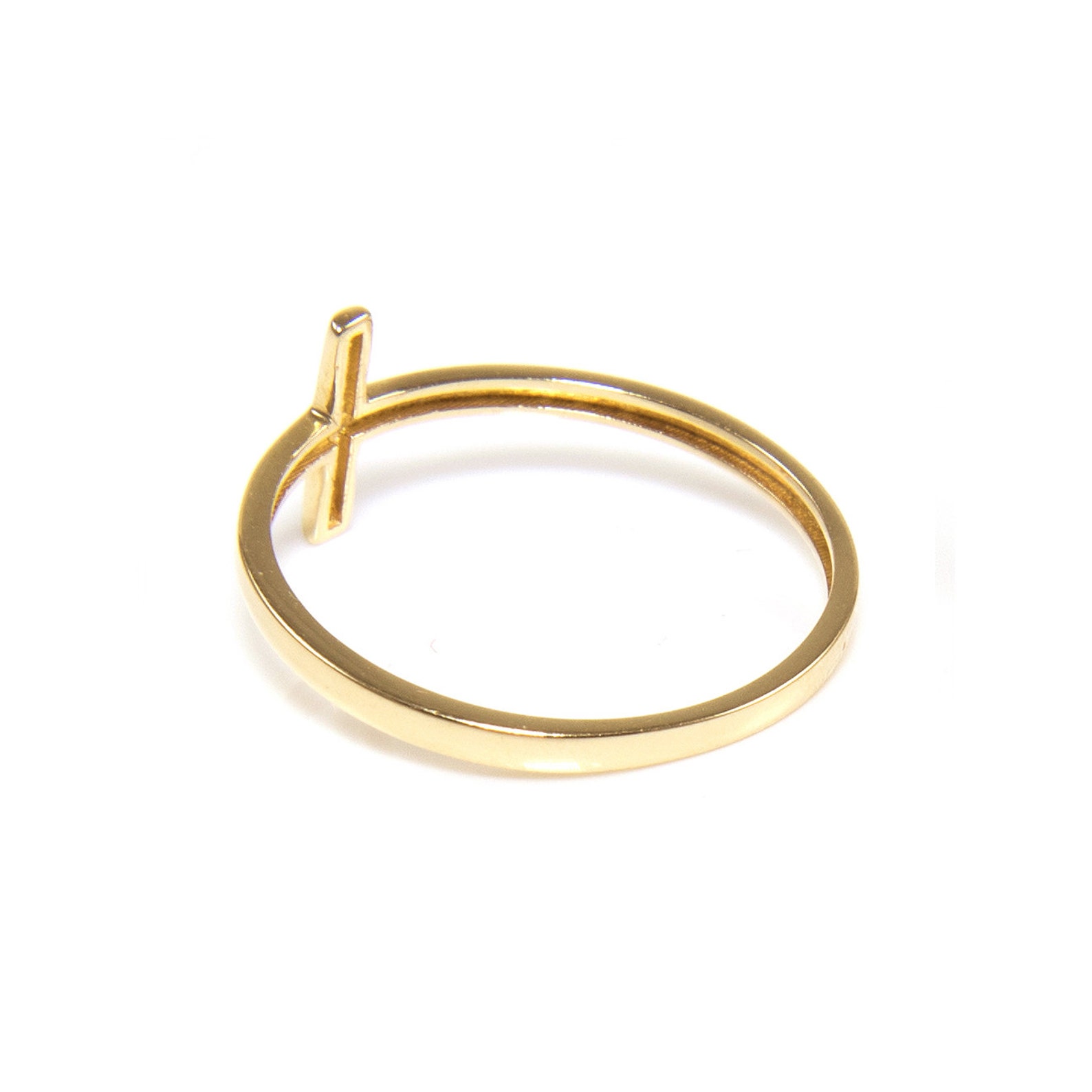 14K Solid Yellow Gold Sideways Cross Bar Ring Stackable | Etsy