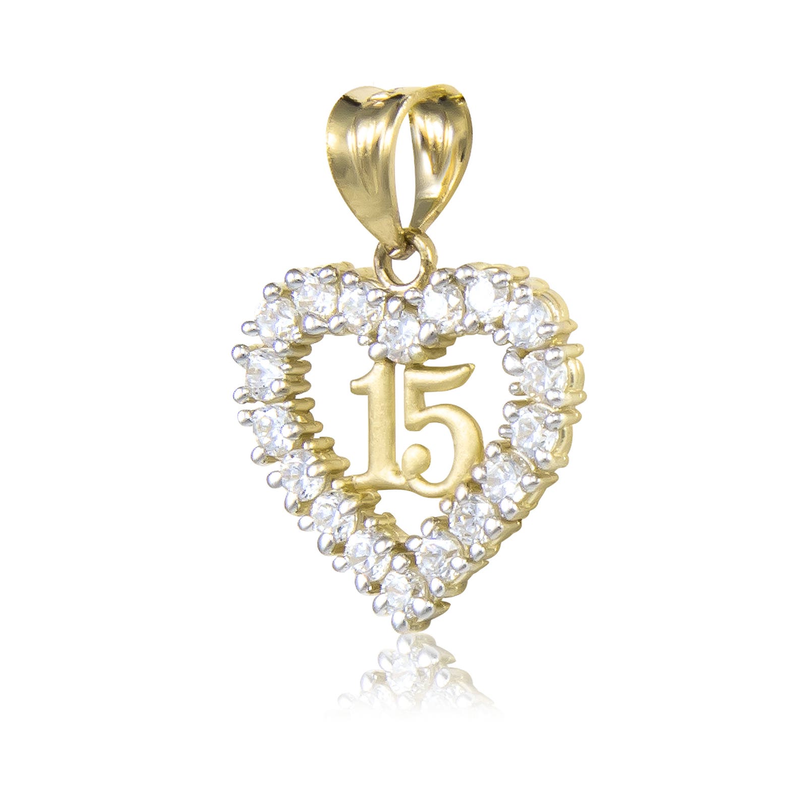 14K Solid Yellow Gold Cubic Zirconia Heart Sweet 15 Pendant - Etsy
