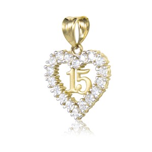 14K Solid Yellow Gold Cubic Zirconia Heart Sweet 15 Pendant Love ...
