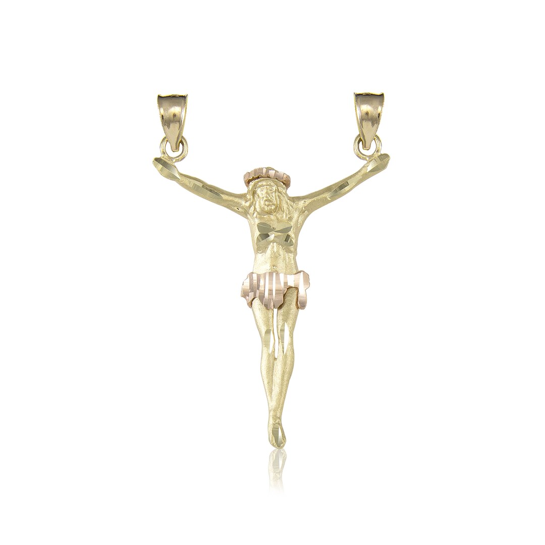 14K Solid Yellow Rose Gold Jesus Pendant Christ Crucifix Cross Necklace ...
