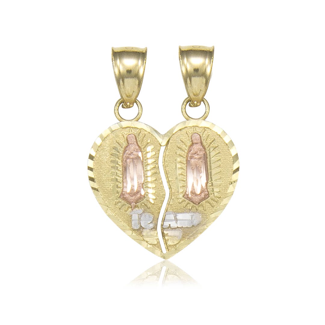 14K Solid Yellow White Rose Gold Virgin Mary Half Heart Pendant Love Te ...