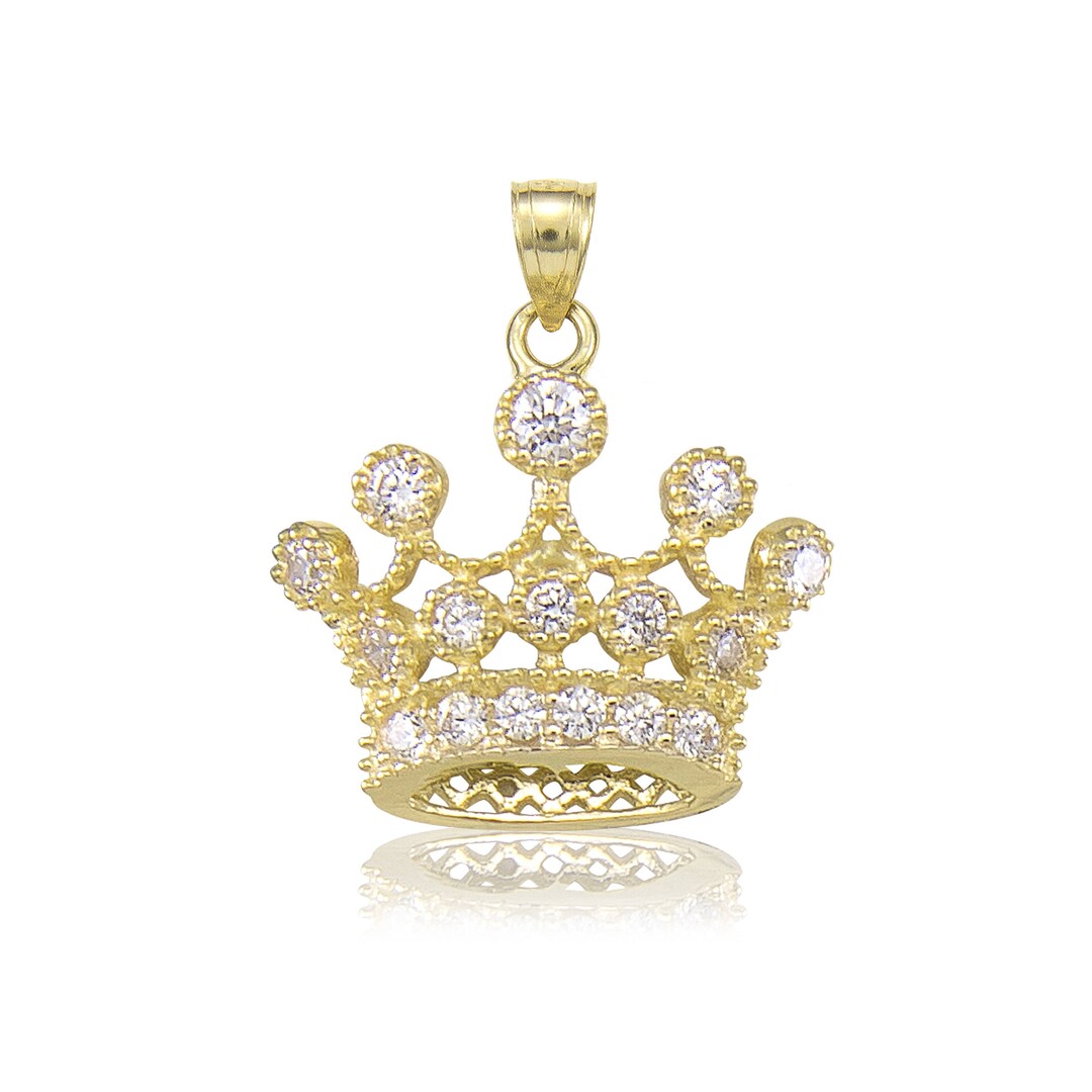 14K Solid Yellow Gold Cubic Zirconia Crown Pendant Royal Necklace Charm ...