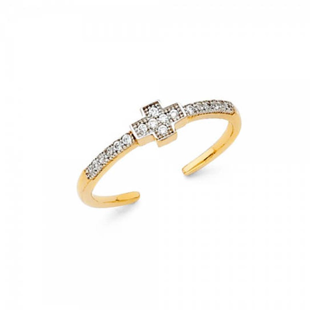 14K Solid Yellow Gold Cubic Zirconia Cross Toe Ring Adjustable Foot ...